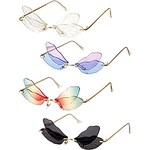4 Pairs Dragonfly Rimless Sunglasses Fairy Frameless Irregular Vintage Eyewear for Women Men Party (Cute Colors)
