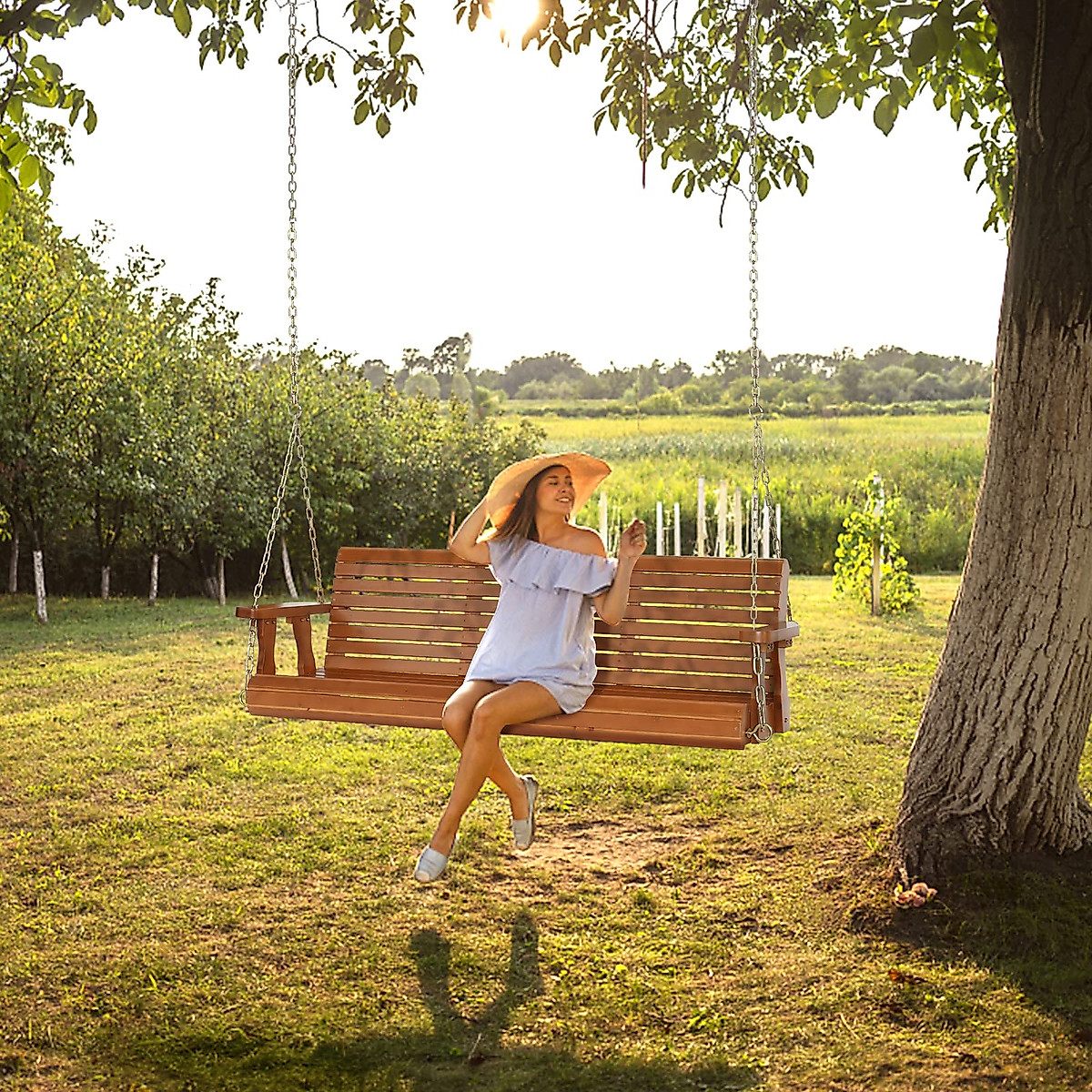 VINGLI Upgraded Patio Wooden Porch Swing for Courtyard & Garden, Heavy Duty 880 LBS Swing Chair Bench with Hanging Chains for Outdoors (Brown, 5 FT)