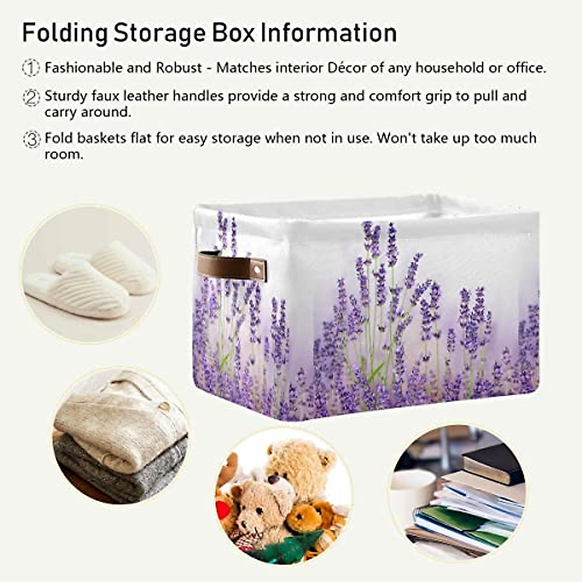 KEEPREAL Lavender Flowers Storage Basket Bin, Large Cube Storage Box Canvas Collapsible Storage Organizer for Home Office Closet - 15 L x 11 W x 9.5 H