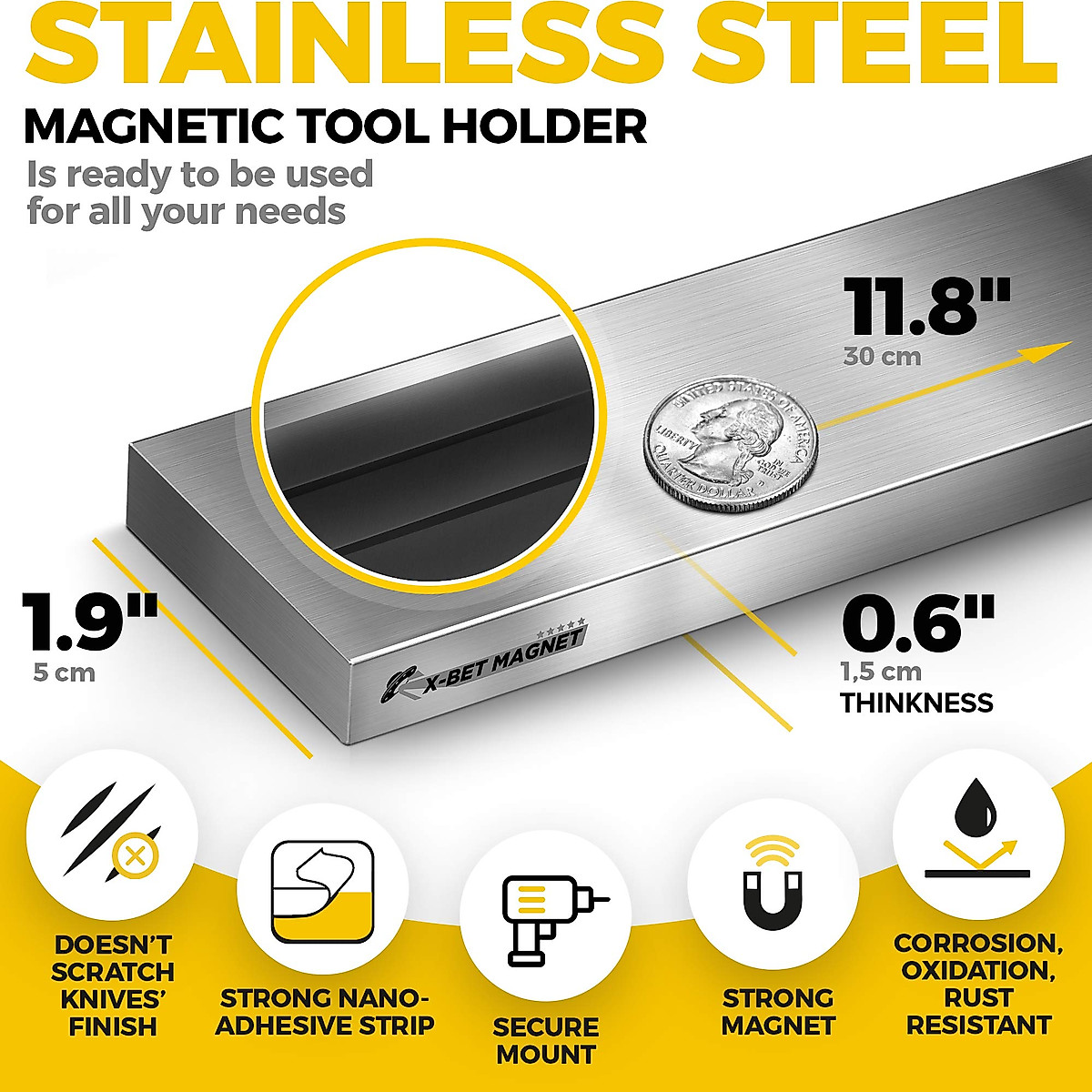 X-bet MAGNET Knife Magnetic Strip 12" Steel Magnetic Knife Holder for Wall, no Screws, Magnetic Knife Block Use as Kitchen Utensil Holder, Knife Bar, Knife Rack, Kitchen Organizer and Tool Holder