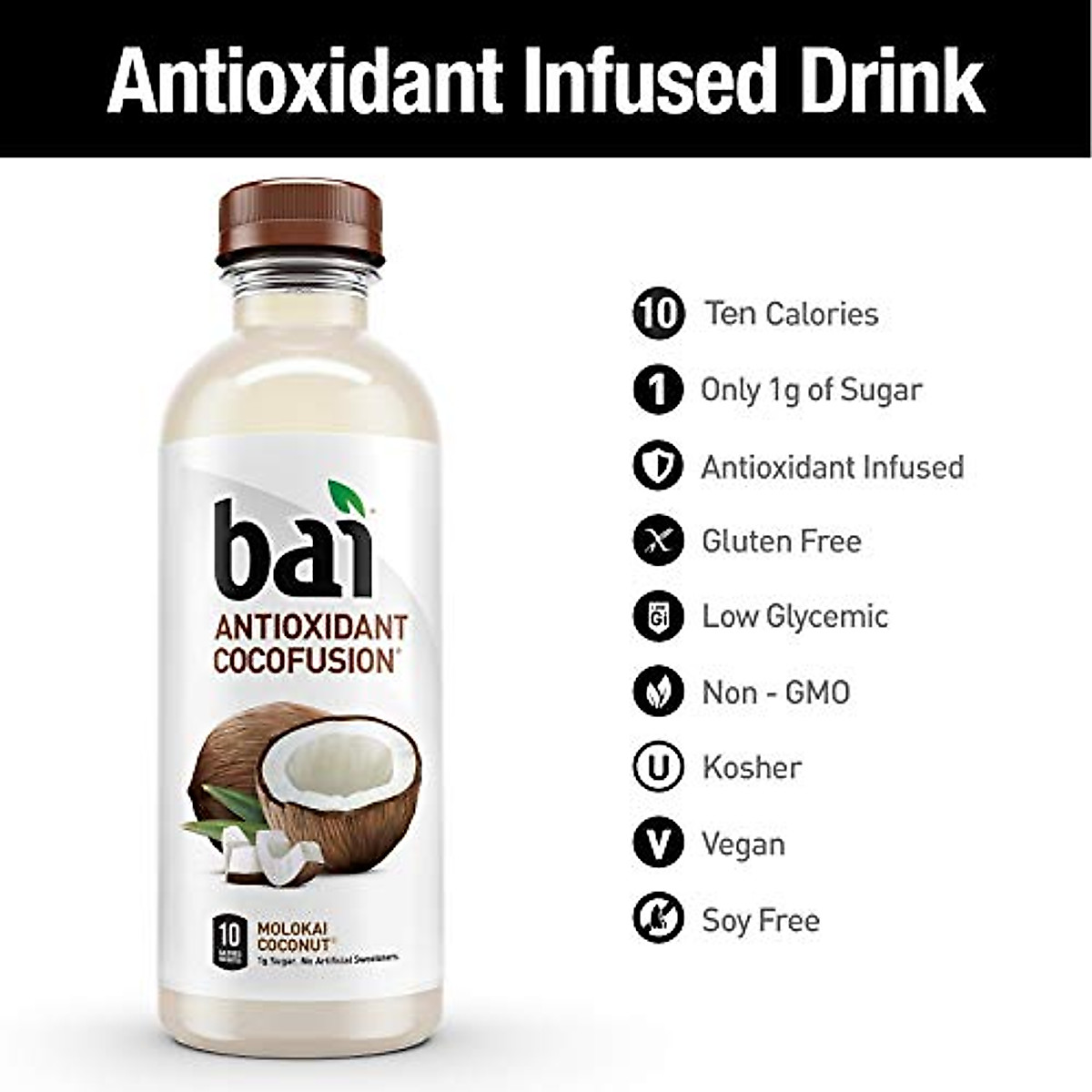 Bai Coconut Flavored Water, Molokai Coconut, Antioxidant Infused Drinks, 18 Fl Oz (Pack of 12)