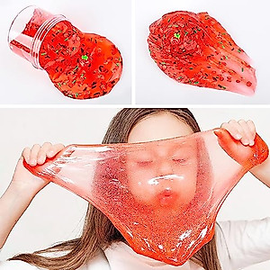 Strawberry Crystal Slime with Clear Glitter, Premade Jelly Crunchy Red Slime for Girls & Boys, DIY Glimmer Slime Party Favor for Kids, Soft, Non-Stick Putty Birthday Slime Toy Super Stress Relieving