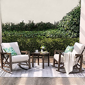 NATURAL EXPRESSIONS Rocking Bistro Set, 3 Piece Outdoor Patio Conversation Furniture Set with 2 Rockers and 1 Metal Coffee Table with Thick Cushions for Backyard,Porch,Poolside,300lbs Weight Capacity