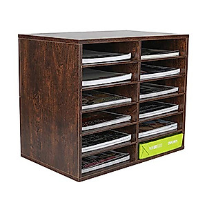 PAG Wood Desktop Literature Organizer Adjustable File Sorter Mail Center Magazine Holder Paper Storage Cabinet Classroom Keepers Mailbox for Office Home School, 12 Compartments, Brown