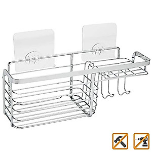 Joyfamy Rustproof Hanging Shower Caddy with Hooks, Wall Mounted Adhesive Bathroom Shower Shelf Storage Organizer Basket, No Drilling Stainless Steel Soap Sponge Shampoo Conditioner Holder Kitchen Rack