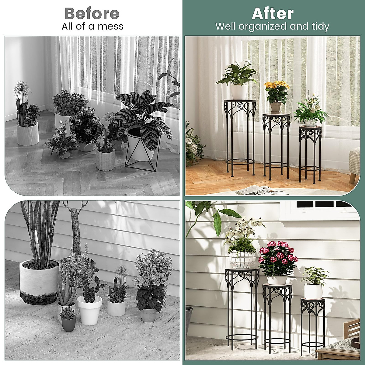 Giantex Metal Plant Stand Set of 3, 28" Mosaic Tall Flower Stand with Ceramic Top, Round Tile Nesting Display Side Table, Indoor Outdoor Flower Holder for Wedding Party Patio Living Room