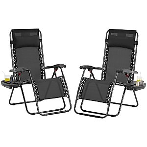 Yaheetech Zero Gravity Recliners Outdoor Adjustable Folding Reclining Lounge Chairs w/Pillows, Cup Holder Trays and Carry Strap for Patio Backyard Beach Black Set of 2