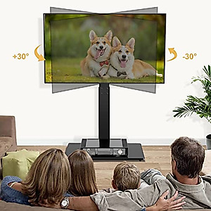 Universal Floor TV Stand Base with Swivel Height Adjustable Mount for 32 37 43 47 50 55 60 65 70 Inch Plasma LCD LED OLED Flat or Curved Screen TVs, Black Tempered Glass Base for Media Storage