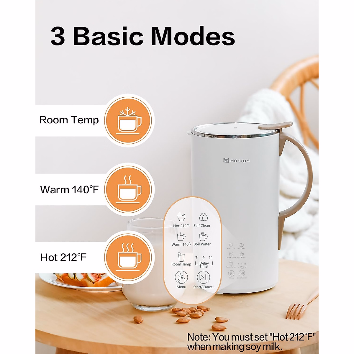 OK MOKKOM Automatic Nut Milk Maker 20 oz Soy Milk Maker, Homemade Almond, Oat, Coconut, Soy, or Plant-Based Milk Dairy Free Beverages, Almond Milk Maker with Delay Start/Boild Water/Self Clean - White