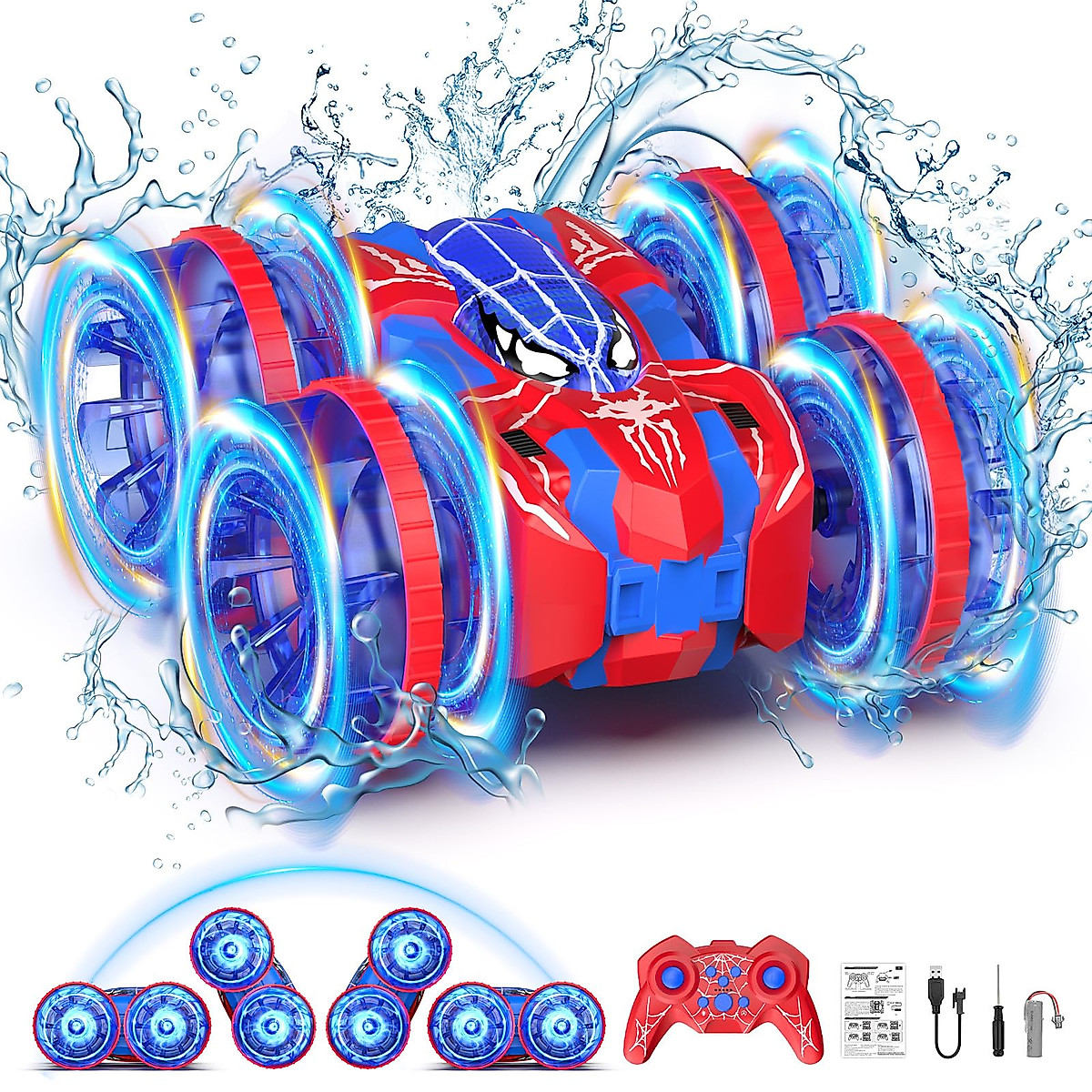 fygurso Waterproof Remote Control Car，4WD Amphibious 2.4 GHz RC Car Remote Control Boat，360°Rotation RC Stunt with LED Lights，Boys Girls Gifts All Terrain Water Beach Pool Toy