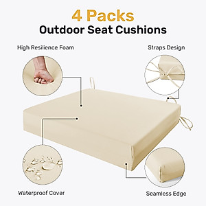 UNIKOME Outdoor Chair Cushions Pack of 4, Water Resistant Patio Cushions with Ties, High Density Sponge Filling Square Corner Seat Cushions for Outdoor Furniture, 18.5"x16"x3", Beige