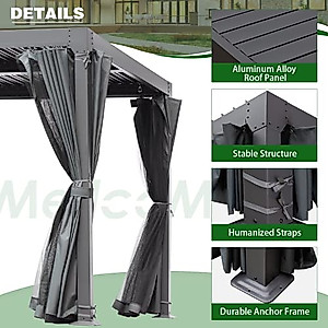 MELLCOM 10' × 20' Louvered Pergola with Adjustable Aluminum Rainproof Roof, Outdoor Hardtop Gazebo for Patio, Lawn & Garden, Curtains and Netting Included, Dark Gray