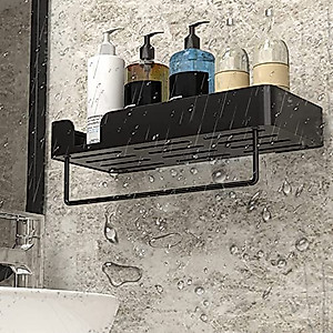 ABOKA Shower Caddy Basket Shelf For Bathroom 2-Pack with Hooks & Towel Bar Adhesive Shower Organizer Storage Wall Mounted, Mate Black