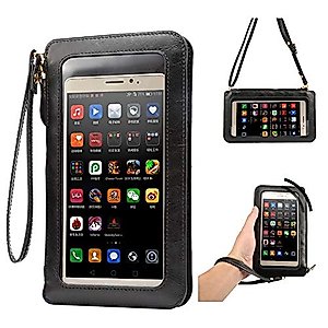 Touch Screen Crossbody Shoulder Bag Purse Pouch Wallet Case for for iPhone 14 13 Pro Max Samsung Galaxy S22 Ultra S21 S20 FE (Black)