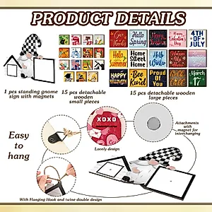 Thyle 31 Pcs Interchangeable Wooden Gnome sign Seasonal Gnome sign for Front Door Wood Gnome Door Hanger with Detachable Magnet Gnome Decorations for Home Wall Christmas Winter DIY Holiday Decor