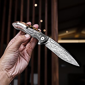 TRIVISA Damascus Folding Knife for Men,3.6'' Hand Forged 110 Layers Steel Hunting Blade,Resin and Wood Handle with Pocket Clip,Virgo-07Y