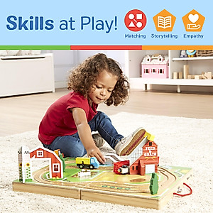 Melissa & Doug 17-Piece Wooden Tabletop Farm Playset With 4 Vehicles, Grain House & Play Pieces - Pretend Barnyard Toy For Toddlers Ages 1+