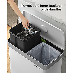 SONGMICS Kitchen, 16 Gallon (2 x 8 Gallon) Dual Compartment Garbage Can, 60L Pedal Recycling Bin, Stay-Open Lid and Soft Closure, Stainless Steel, 15 Trash Bags Included, White ULTB202W01
