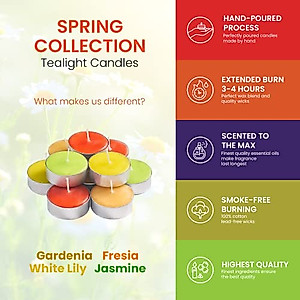 Spring Candles for Home Scented Tea Lights Candles - Spring Candle Set of 64 - Gardenia, Freesia, White Lily, Jasmine - 3-4 Hour Extended Burn Time - Spring Candles for Home, Holiday, Wedding & Party