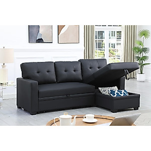 FANYE L-Shaped 3 Seater Reversible Sleeper Sectional Sofa Modern Smooth Faux Leather Tufted Upholstered Convertible Sofabed with Pull Out Sleep Couch Bed for Compact Space Living Room Sofa&Couch
