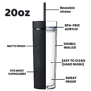 MEWAY 20oz Skinny Tumblers 12 Pack Double Wall Acrylic Tumbler with Lid and Straw,Matte Pastel Colored Reusable Plastic Cups With Straw for Parties, Birthdays,Customization DIY Gifts(Black,Set of 12)