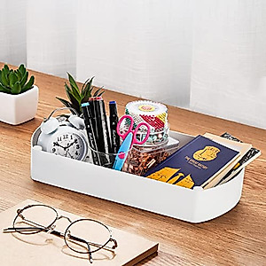 Dicunoy Under Sink Organizer and Storage, Plastic Under Cabinet Shelf for Bathroom, Multi-Purpose White 2 Tier Counter Side Organizer Bins with Hooks for Kitchen, Coffee Bar, Office, Table
