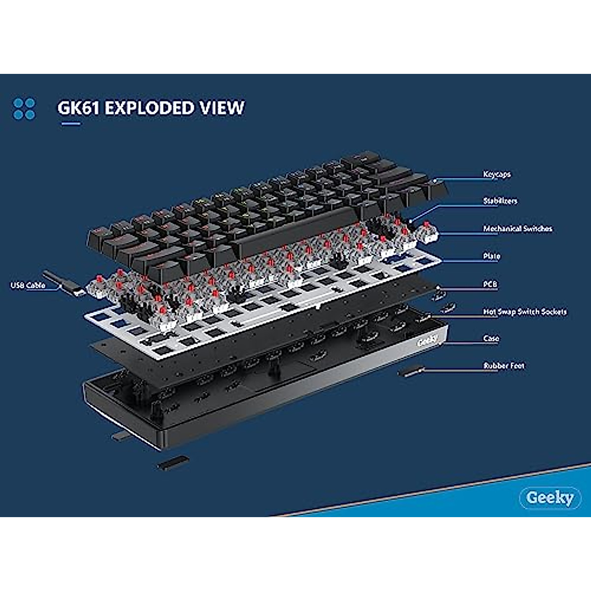 Geeky GK61 60% | Hot Swappable Mechanical Gaming Keyboard | 61 Keys Multi Color RGB LED Backlit for PC/Mac Gamer | ANSI US American Layout (White, Mechanical Red)