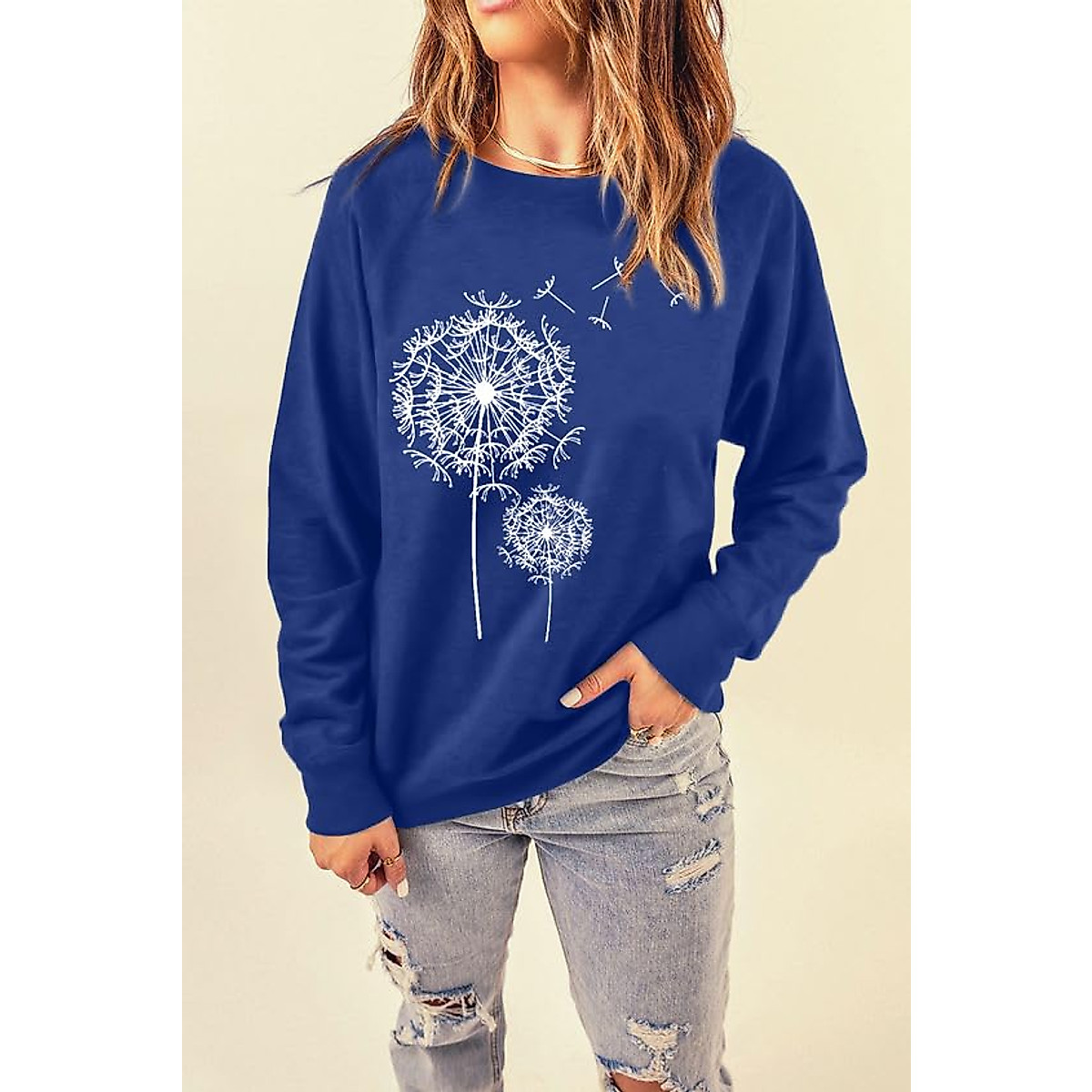 BANGELY Womens Dandelion Sweatshirt Casual Crewneck Loose Pullover Tops Long Sleeve Graphic Tee Shirt Blue