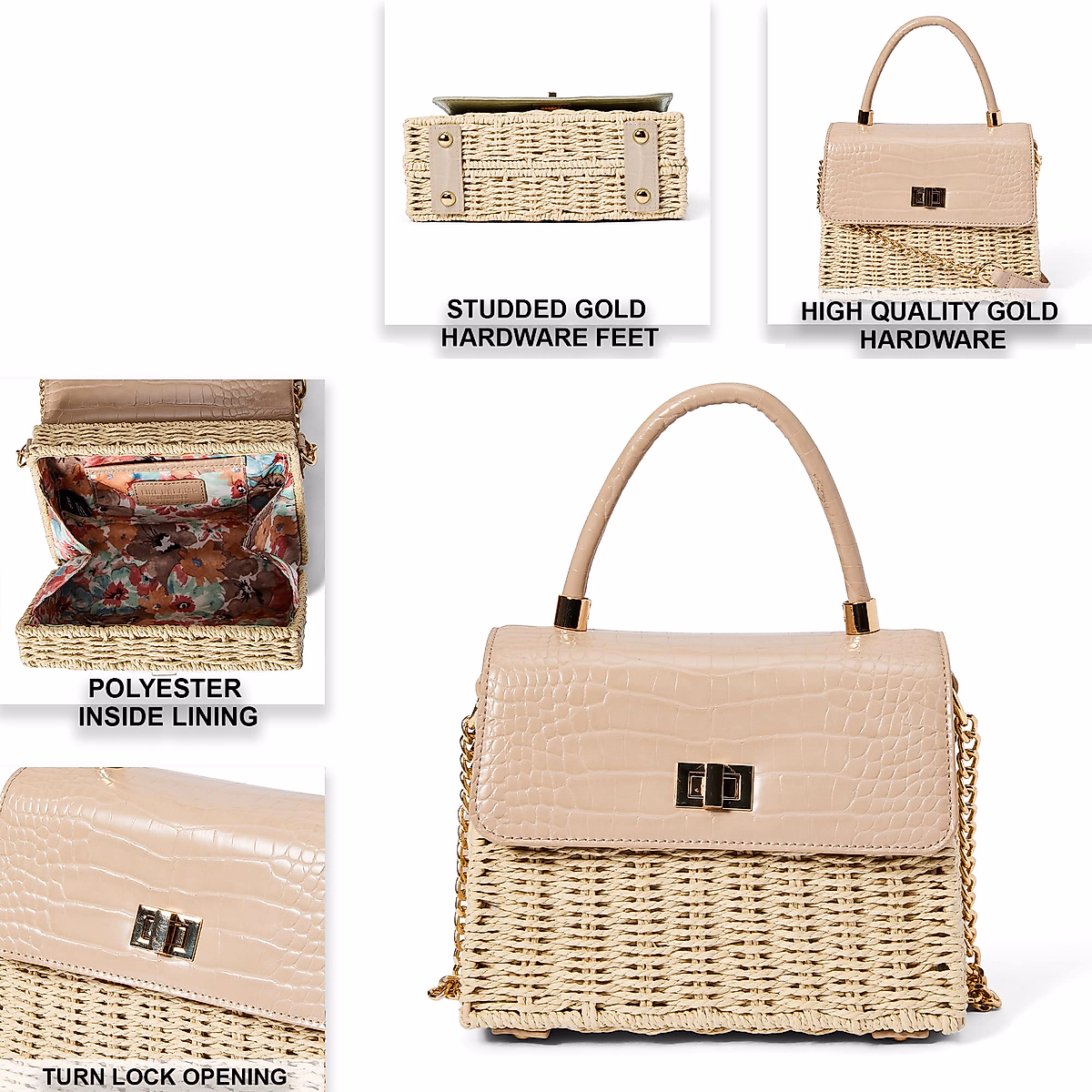 Like Dreams Women Hand-woven Straw Crossbody Faux Croc Vegan Leather Upper Floral Inner Summer Crossbody (Taupe)