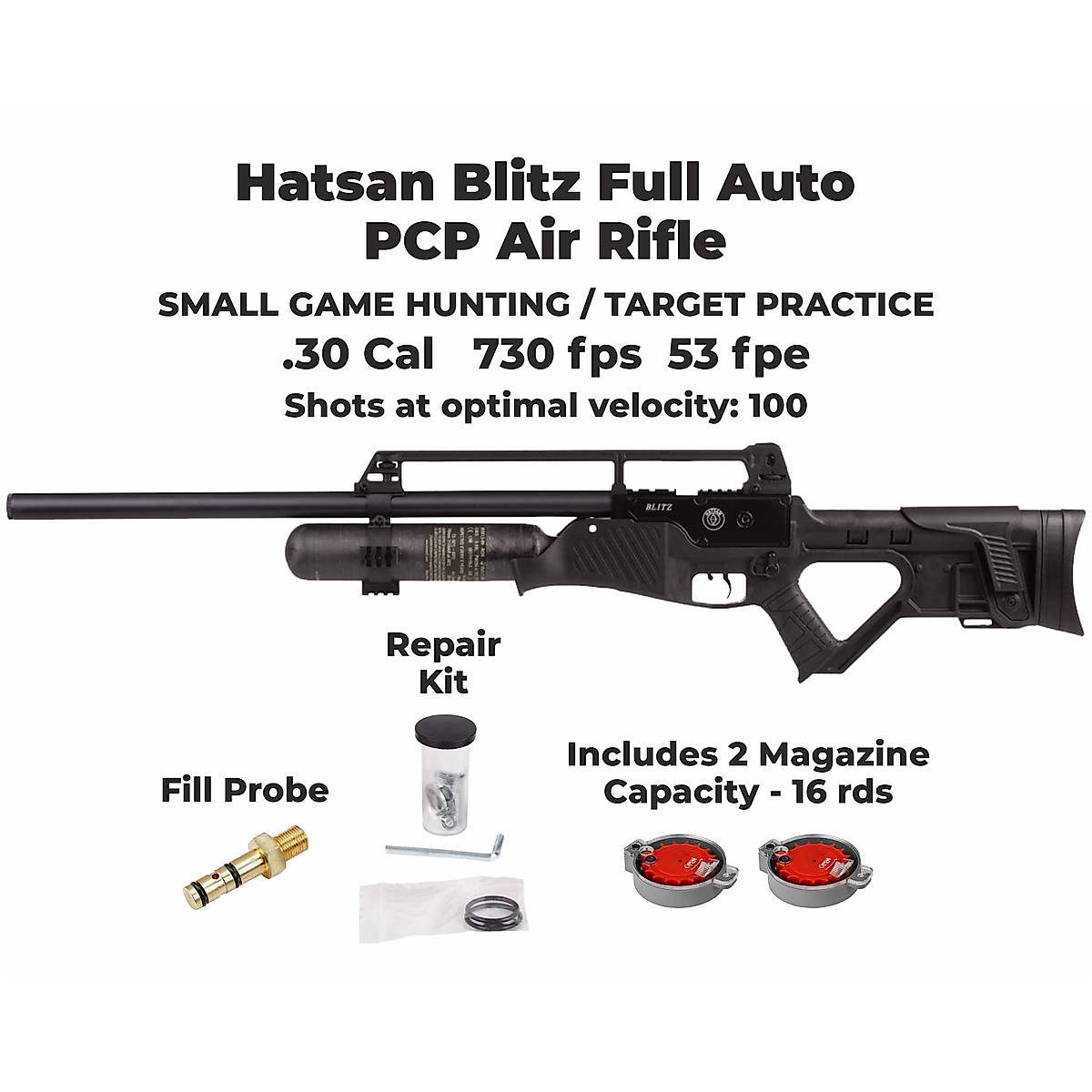 Hatsan Blitz Full Auto PCP .30 Cal 730 fps 53 FPE w/ 16-Shots 2 Magazines Air Rifle with Included Wearable4U 100x Paper Targets and 100x .30cal Pellets Bundle