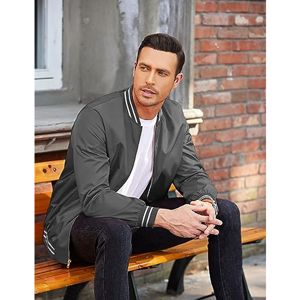 COOFANDY Mens Casual Light Jacket Grey Bomber Jacket Winter Vintage Coat with Inner Pocket Grey