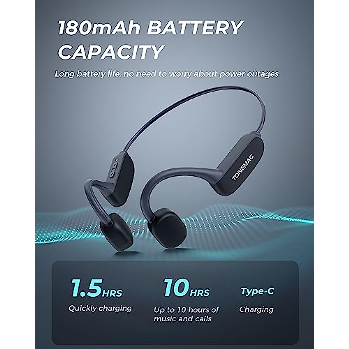 TONEMAC K2 Bone Conduction Headphones - Wireless Open-Ear Bluetooth 5.3 Sports Earbuds with Microphone for Running, Workouts, and Cycling - Sweat Resistant and Comfortable Fit