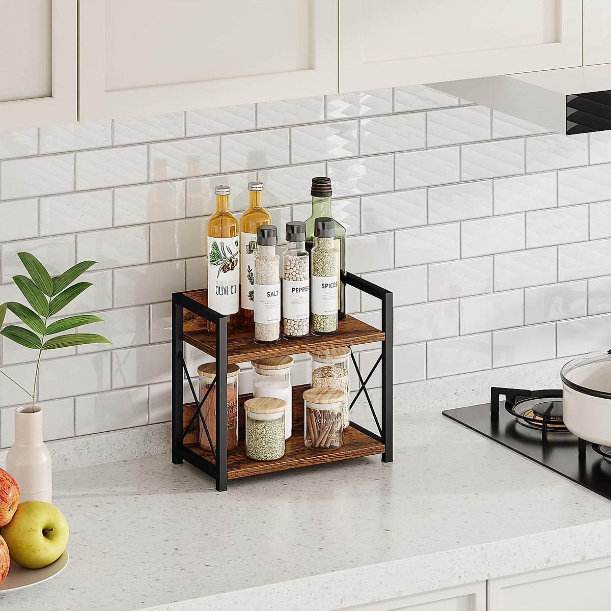 Giikin Countertop Shelf Organizer, 2 Tier Kitchen Spice Rack Organizer for Countertop, Wood Coffee Counter Shelf Organizer for Home (Rustic Brown)