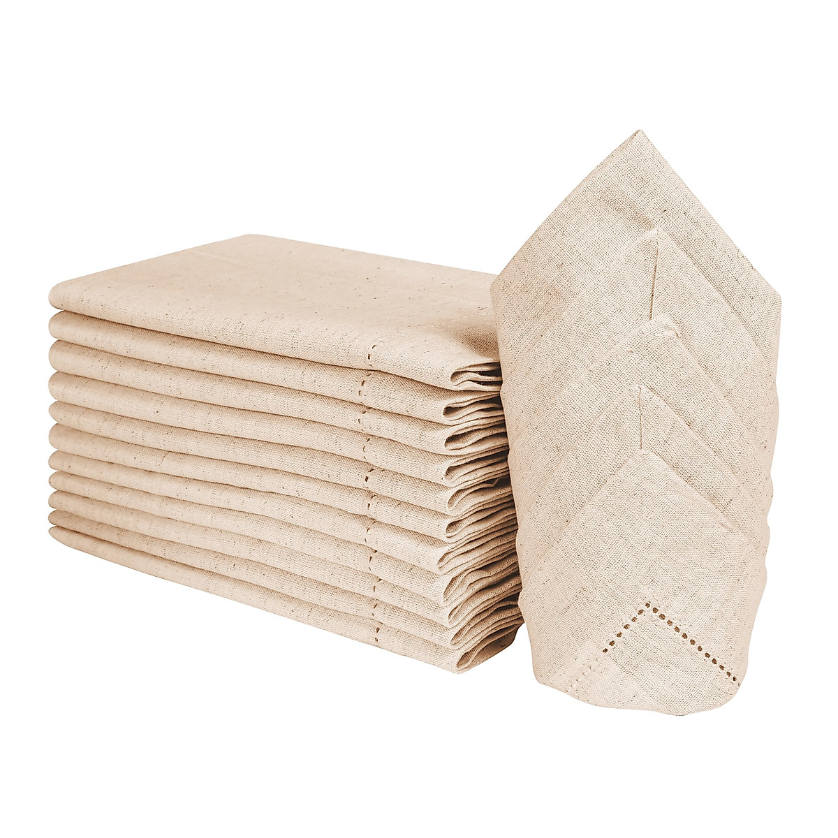 Linen Hemstitched Cloth Napkins, Set of 12 - Natural Flax, Washable Dinner Napkins