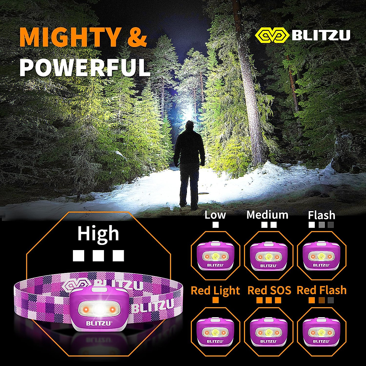 BLITZU Led Headlamps for Camper, Kids, Family, Adults. Headlights, Headband Flashlights, Led Head Lights, Head Lamp, Camping Essentials Gear Clearance, Purple