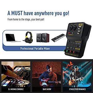 SONICAKE Audio Mixer, Portable USB Mini Sound Board Console, 2 Channel with Sound Card, 48V Phantom Power Compact DJ Mixers for PC & Music Recording, Live Streaming, Podcasting, KTV, Karaoke