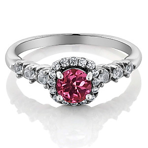 Gem Stone King 925 Sterling Silver Pink Tourmaline and White Created Sapphire Ring For Women (0.92 Cttw, Round 5MM, Gemstone Birthstone, Available In Size 5, 6, 7, 8, 9)