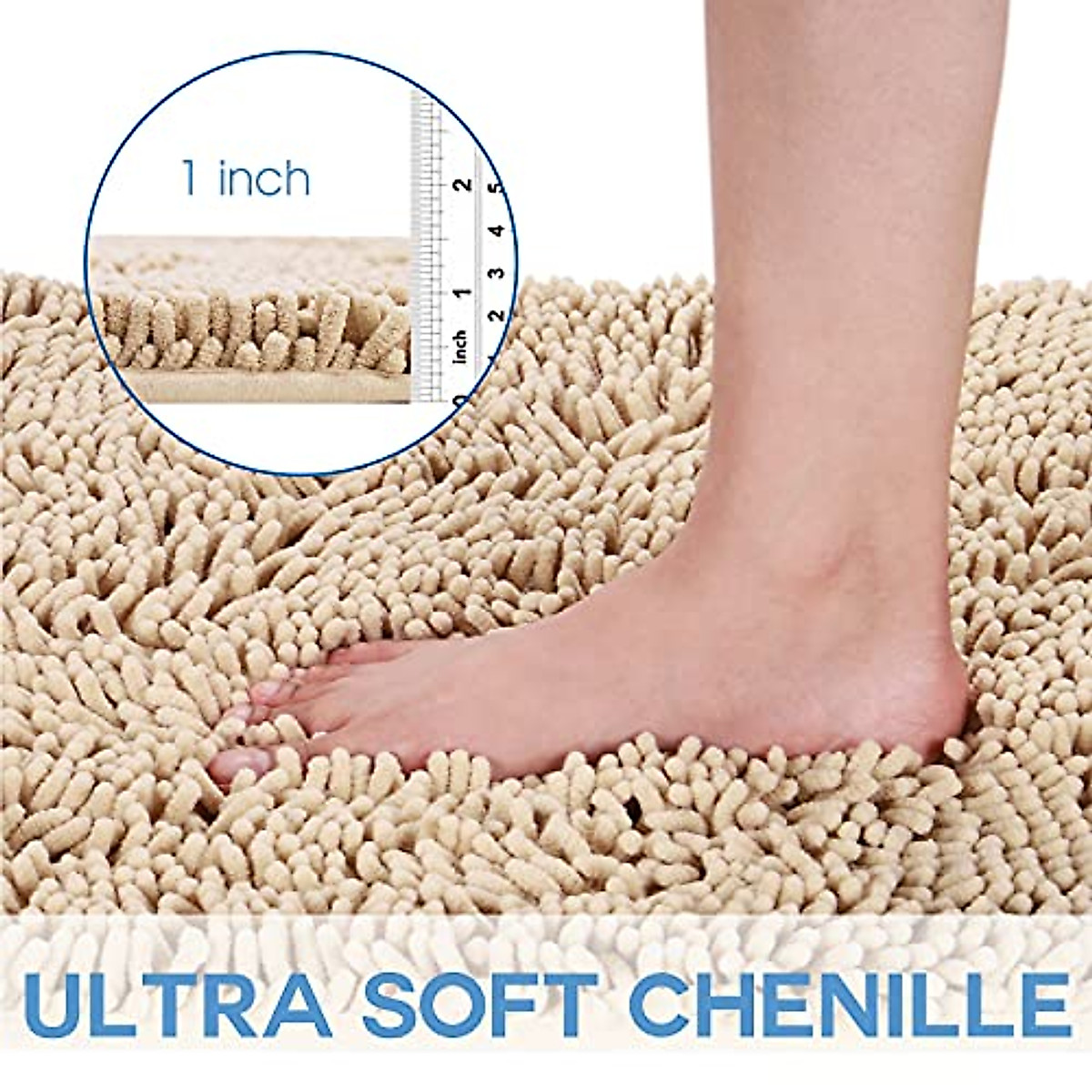 EGYPHY Luxury Chenille Bathroom Rug 20 x 32 Extra Soft and Absorbent Bath Rug Non Slip Shaggy Bath Mat Plush Washable Carpet Mats for Tub Shower, Bathtub and Bath Room-Camel