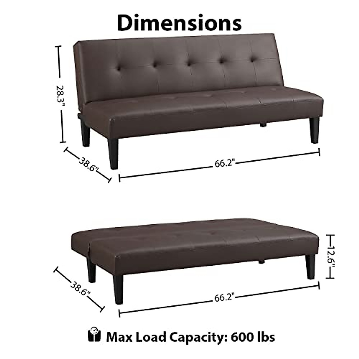 Naomi Home Button Tufted Futon Sofa Bed Pull Out Sofa Bed Couch Convertible with Wooden Legs, Folding, Reclining Small Couch Bed, Futon Bed for Living Room, Espresso, 53965AM