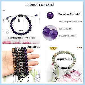 JEWPARK 10 PCS 8mm Semi-Precious Gemstone Bracelet Set Healing Crystal Stone Bracelets for Men Women Round Beaded Adjustable Macrame Bracelets