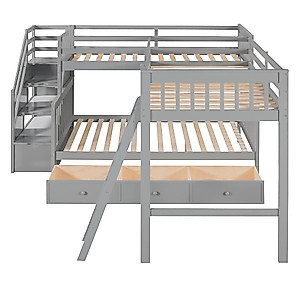 Harper & Bright Designs L Shaped Bunk Bed with Stairs and Storage, Twin Over Full Size Triple Bunk Bed for 3, Wood Corner Beds for Kids, Teens, Adults. No Box Spring Needed (Gray)