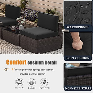 KHOLH 8 Pieces Patio Furniture Conversation Sofa Set with 44" Propane Gas Fire Pit Table, Outdoor Sectional Black Rattan Wicker Sofa Set