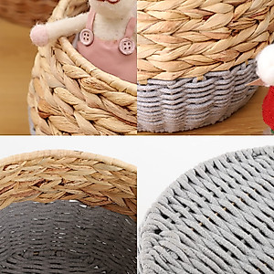 YAHUAN Round Woven Water Hyacinth Storage Basket - Cotton Rope Wicker Decorative Basket for Organizing Blankets - Living Room Bathroom (Grey)