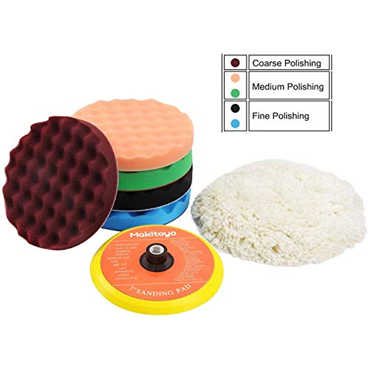 Makitoyo 7PCS 7 Inch Buffing Polishing Pads Kit,5pcs Polishing Sponge,1 pc Wool Pad,Waxing Buffing Pad Kit for Car