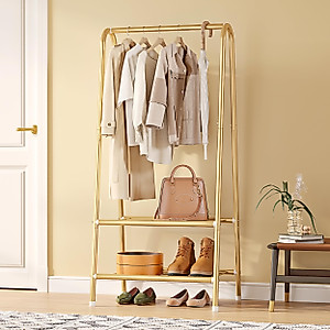 JOISCOPE Gold Metal Clothes Rack, Sturdy and Portable, with Double Layer Shelf for Hanging and Storing Clothes, Shoes, Bags, Umbrellas, Bedroom, Office, Living Room