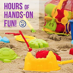 Click N' Play Beach Toys for Kids 3-10 - 18pc Sand Toys Including Sand Buckets for Kids with Sifter, Watering Can, Rake, 4 Hand Tools, 10 Sand Molds & Mesh Beach Toy Bag - Sandbox Toys for Toddlers