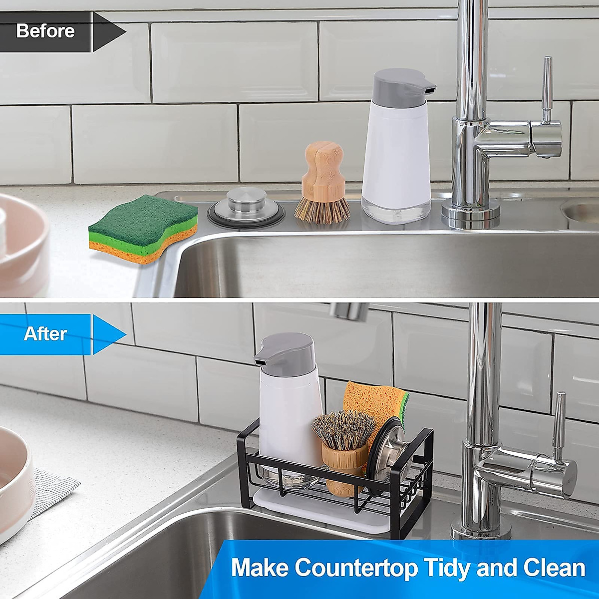 ARTLEO Dish Sponge Holder | Kitchen Sponge Caddy and Soap Dispenser Holder | Sink Tray Drainer Rack | Come with Front Drip Tray, for countertop, Black Stainless Steel.