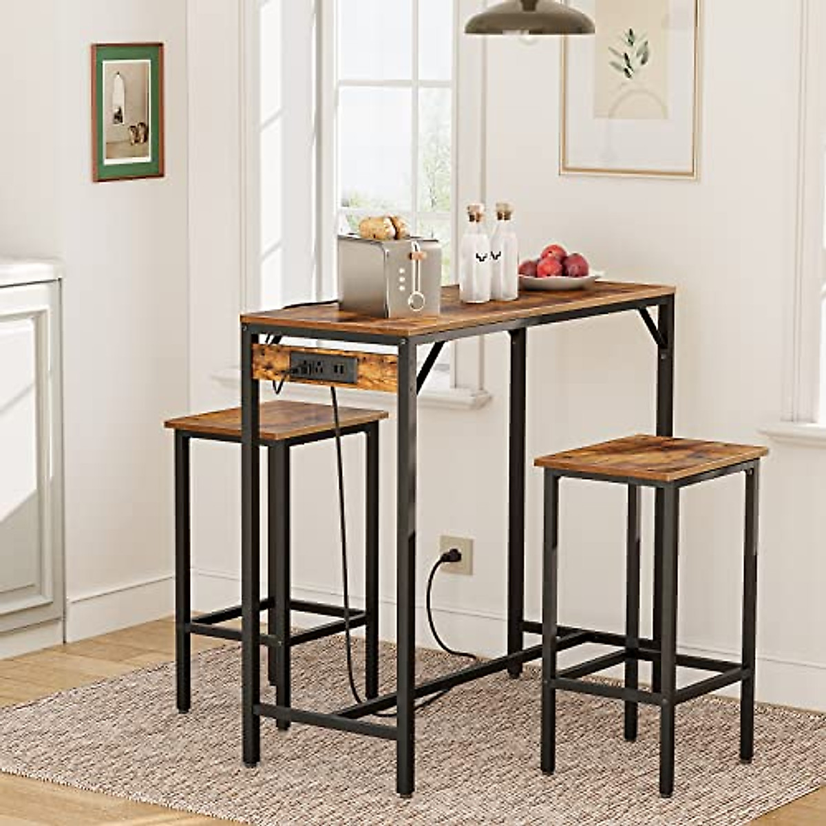 HOOBRO Bar Table Set with Power Outlet, Bar Table and Chairs Set, 3-Piece Pub Table Set, Kitchen Bar Height Table with Stools of 2, for Living Room, Dining Room, Rustic Brown and Black BF45UBT01