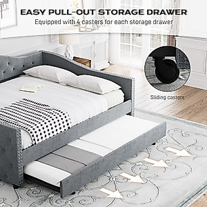 ONEMMLION Daybed with Trundle, Upholstered Button Tufted Full Size Daybed Frame in Linen Fabric for Bedroom Guest Room, Grey
