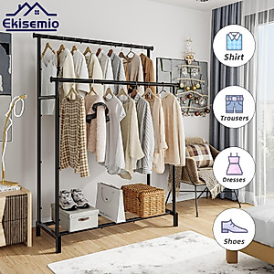 Ekisemio Double Rod Garment Rack for Hanging Clothes, Clothing Rack with Storage Shelves, Metal Multi-Functional Clothes Rack for Bedroom, Living Room, Black